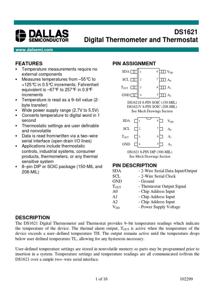 DS1621 Digital Thermometer Overview | PDF | Bit | Data Transmission