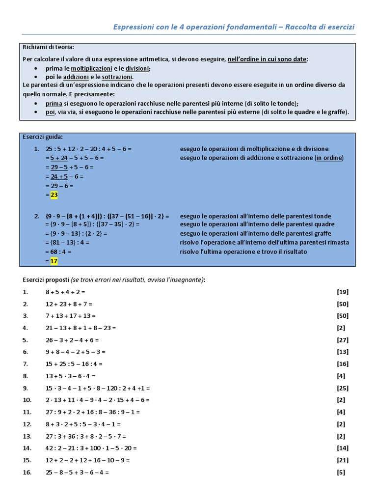 Espressioni con le quattro operazioni. Parte 2. Matematica prima media - Manifica