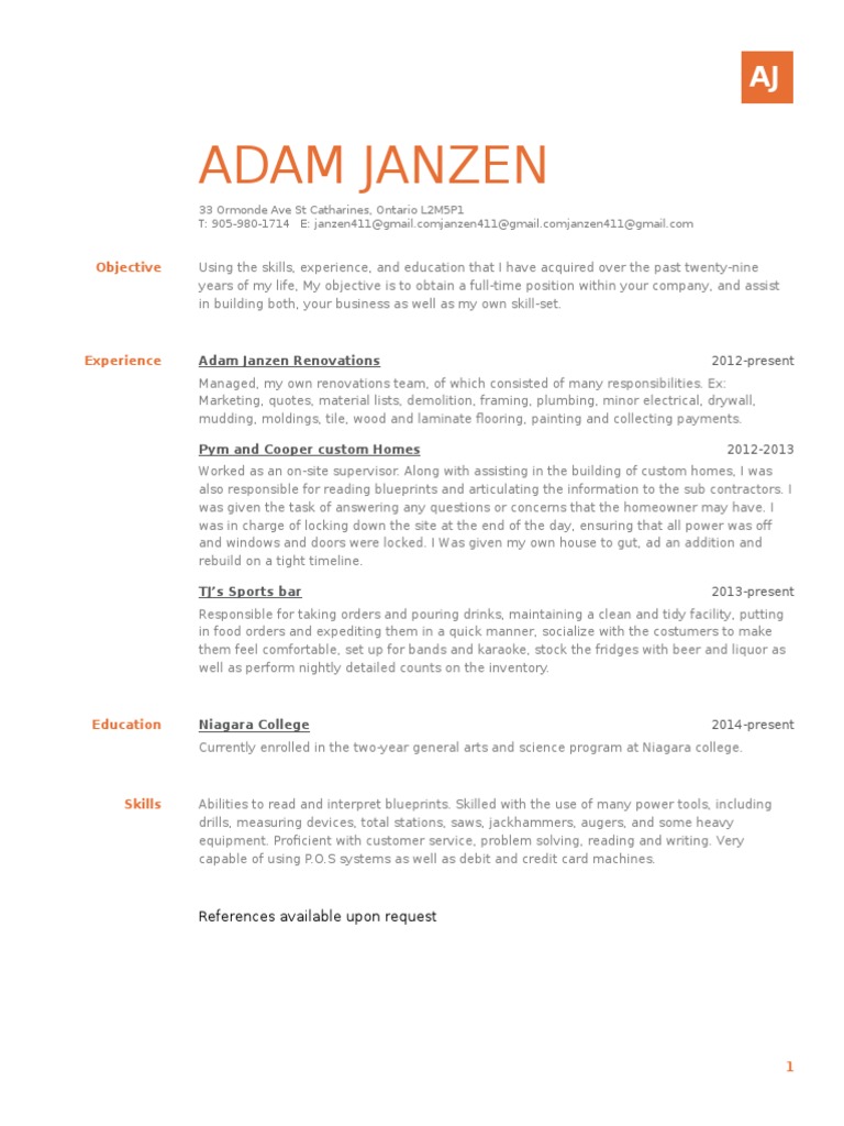 Adam Janzen: Renovation Specialist Resume | PDF | Career & Growth