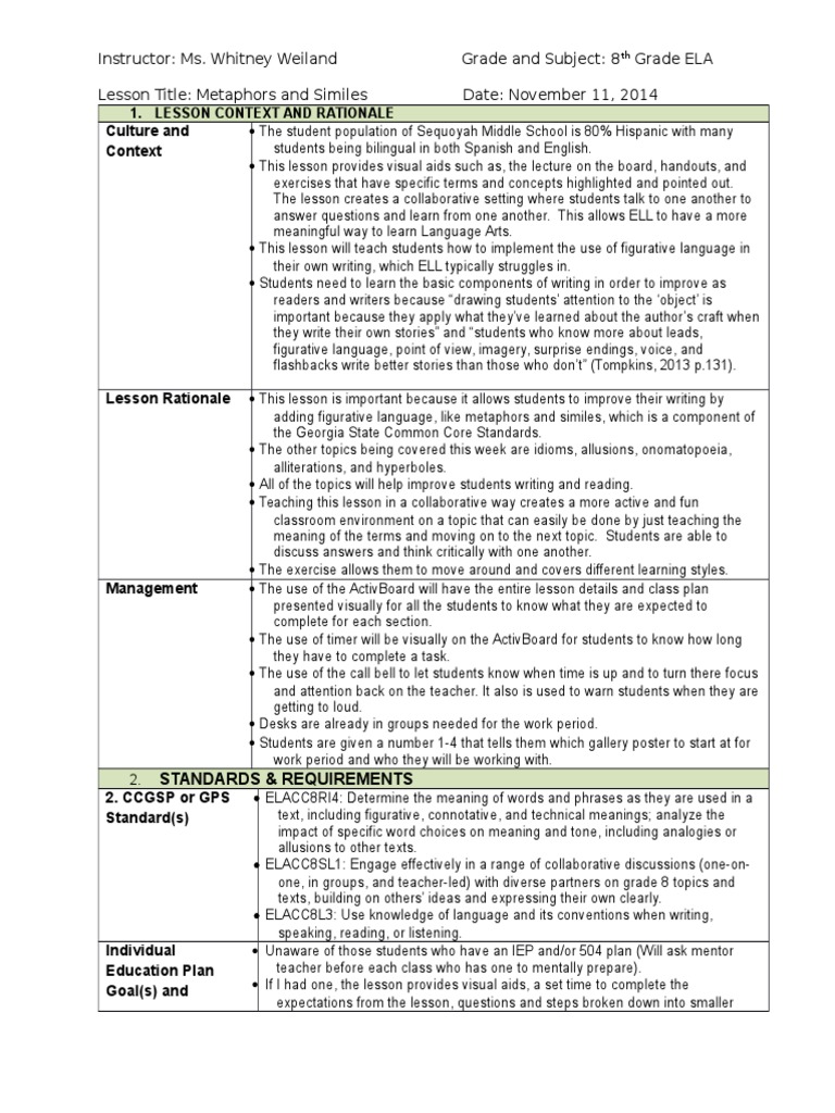 Metaphors and Similes Lesson Plan | PDF | Metaphor | Reading Comprehension