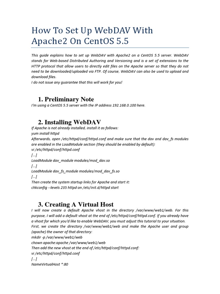 How To Set Up WebDAV With Apache2 On CentOS 5 | PDF | Apache Http Server | World Wide Web