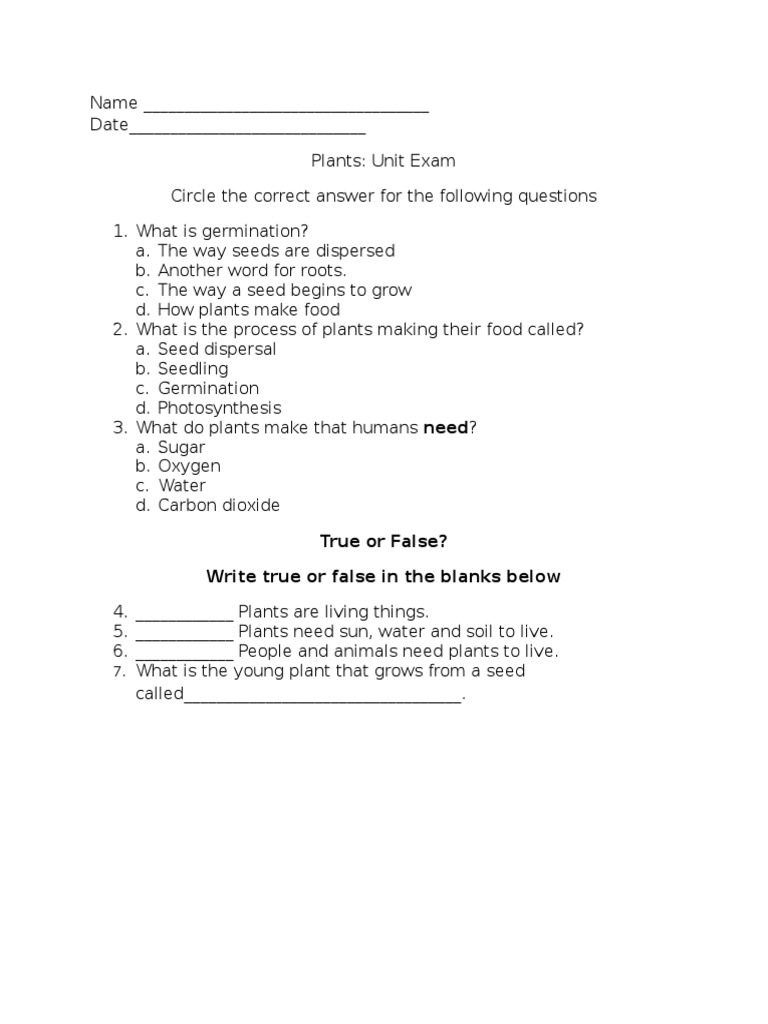 Plants Unit Exam Questions and Answers | PDF