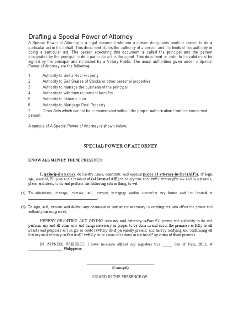 Special Power of Attorney Draft Guide | PDF | Power Of Attorney ...