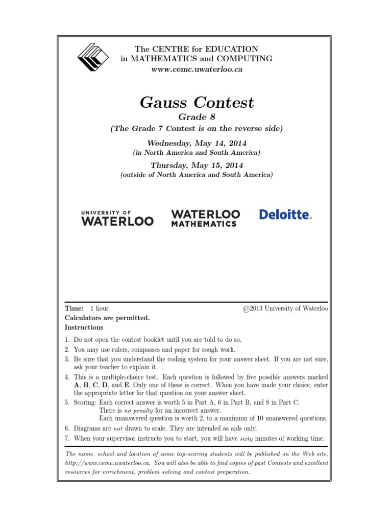 Gauss 8 Contest | PDF | Teaching Mathematics | Geometry