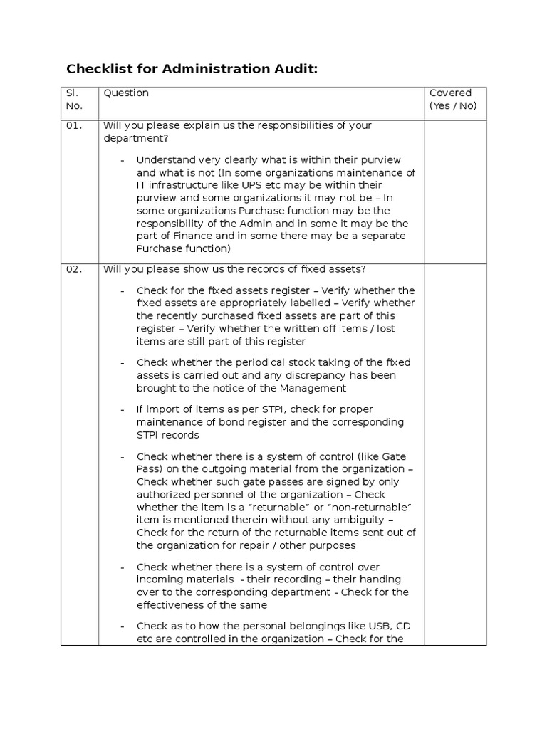 Sample Checklist for Admin Audit | Business | Computing And Information ...