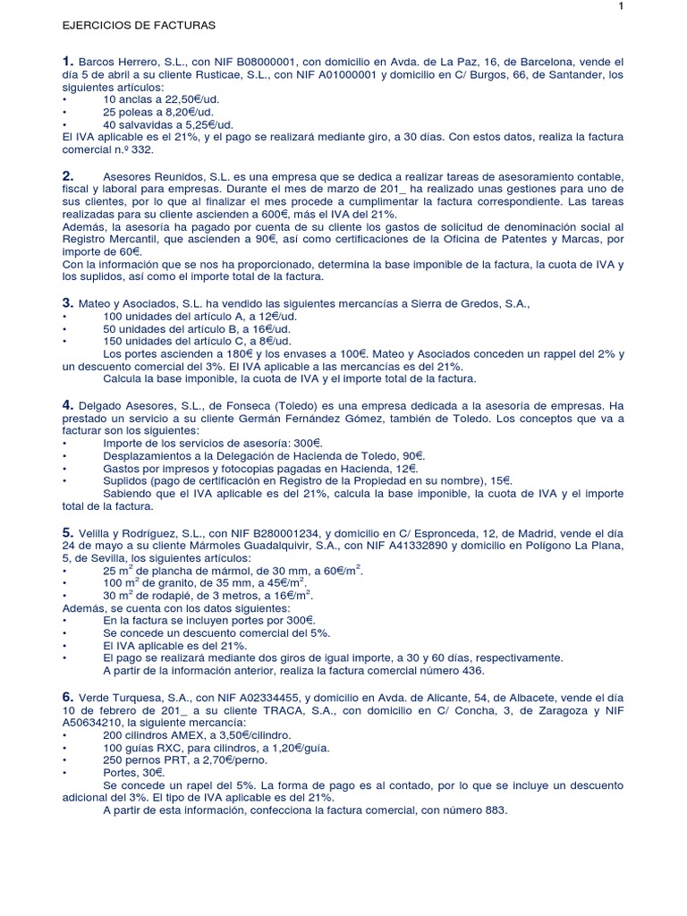 Enunciados Ejercicios de Facturas PDF | PDF | Factura | Al por menor