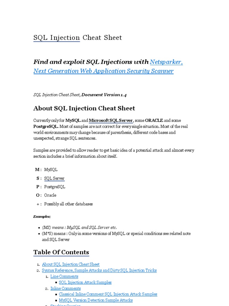 Sql Injection Cheat Sheet Microsoft Sql Server Sql
