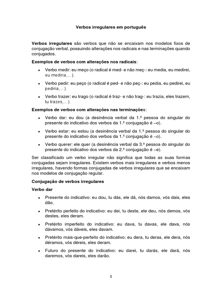 Conjugação de verbos irregulares em português: exemplos e regras | PDF ...