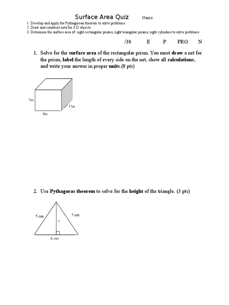 Surface Area Quiz: Name | PDF