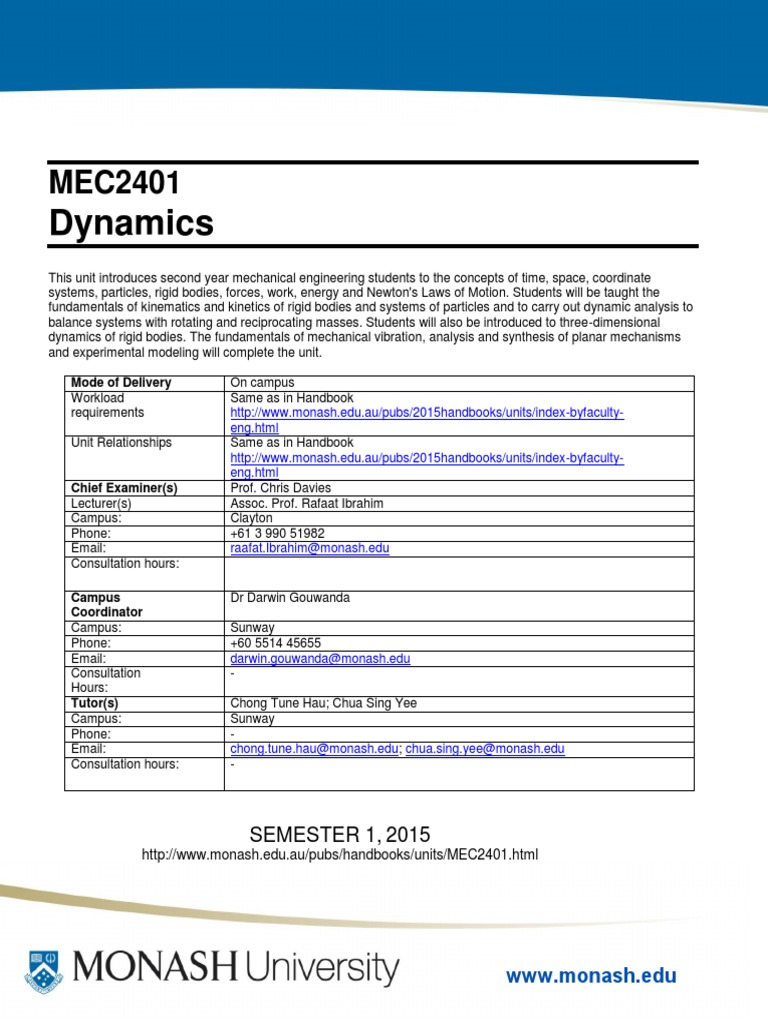 MEC2401 Unit Guide 2015 - Sunway | PDF | Force | Velocity