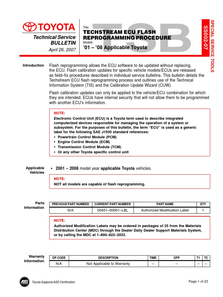 Techstream Ecu Flash Reprogramming Procedure Ts-ss002-07 | PDF ...