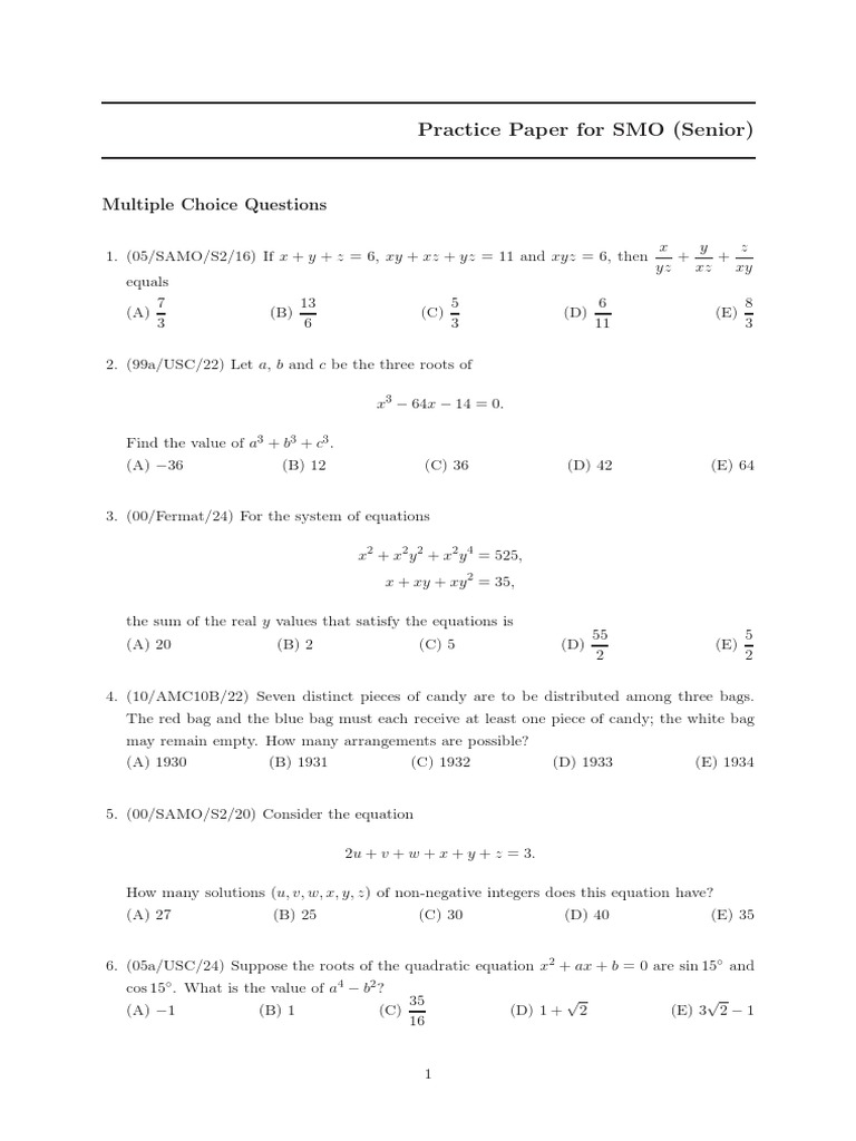 SMO Senior Practice Paper | PDF | Trigonometric Functions | Elementary ...