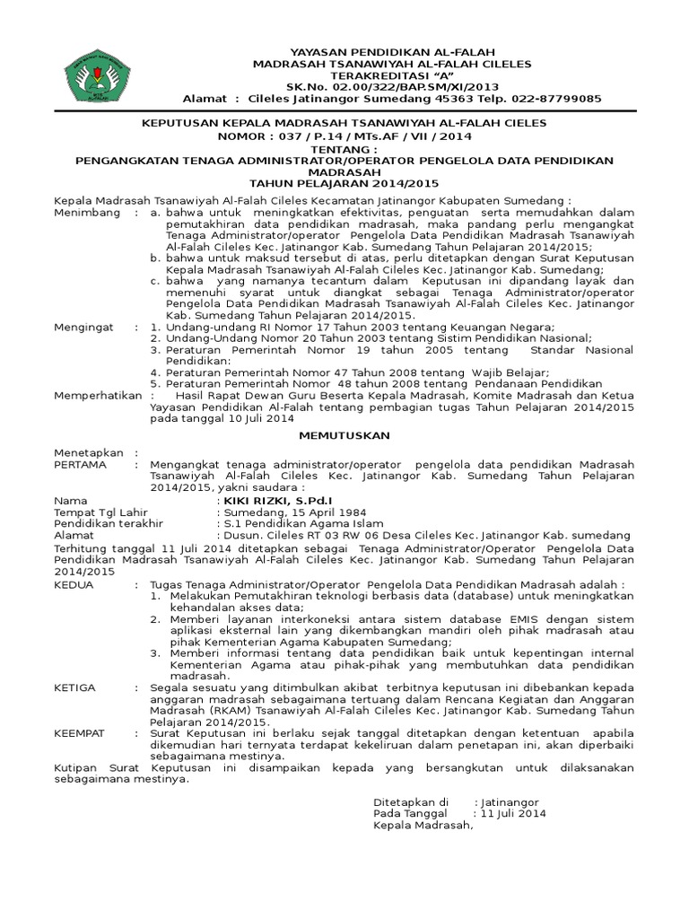 Contoh SK Operator EMIS | PDF