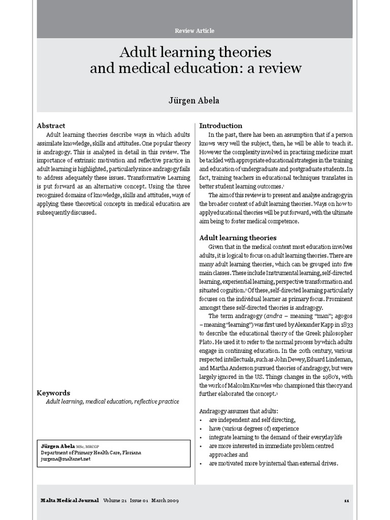Applying Adult Learning Theories in Medical Education: A Review of ...