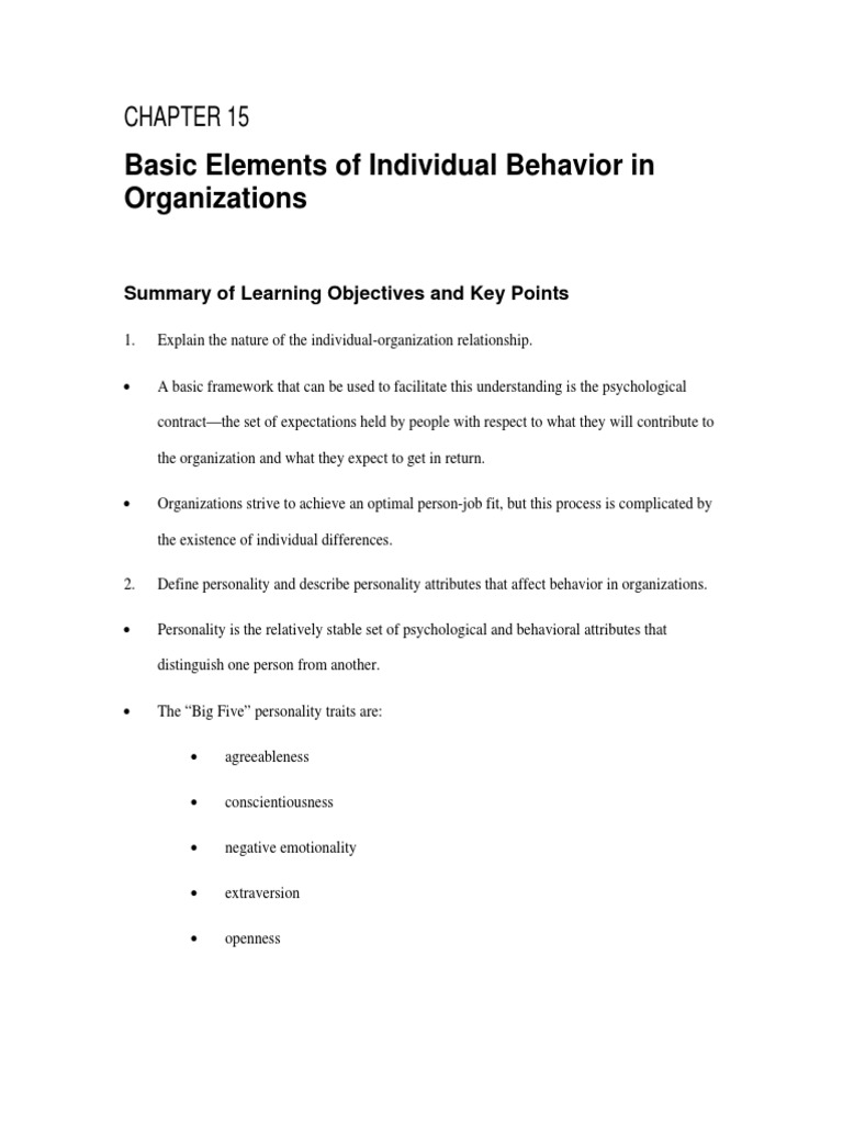 Basic Elements of Individual Behavior in Organizations: Summary of ...