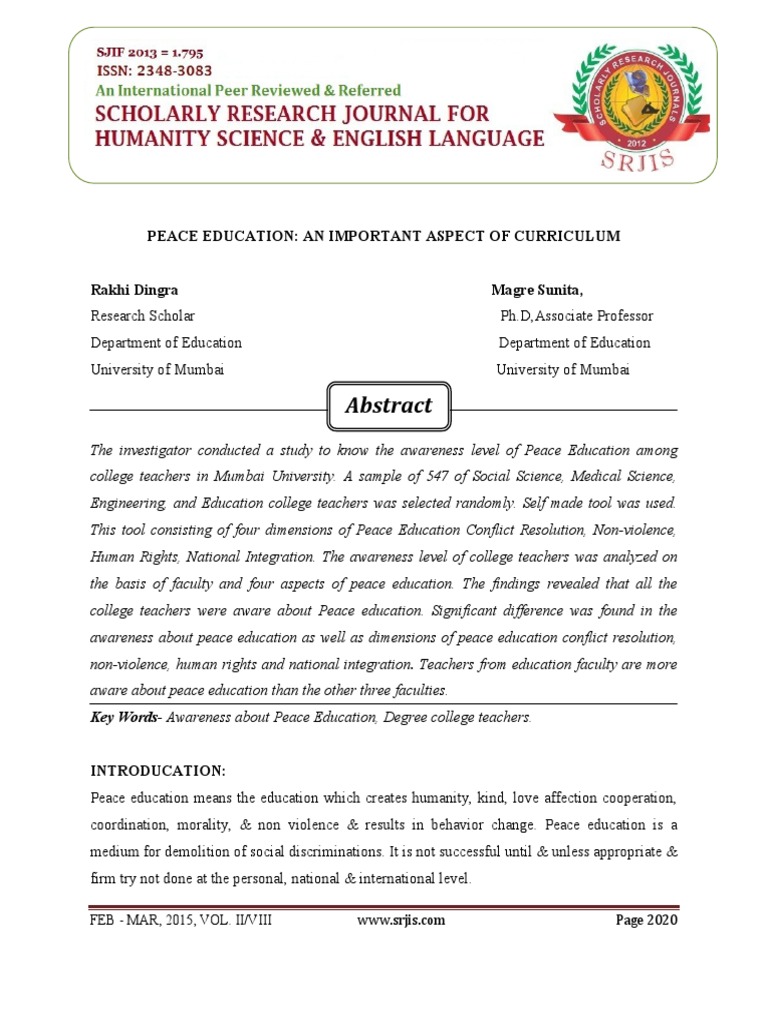 Awareness of Peace Education Among Teachers | PDF | P Value | Peace