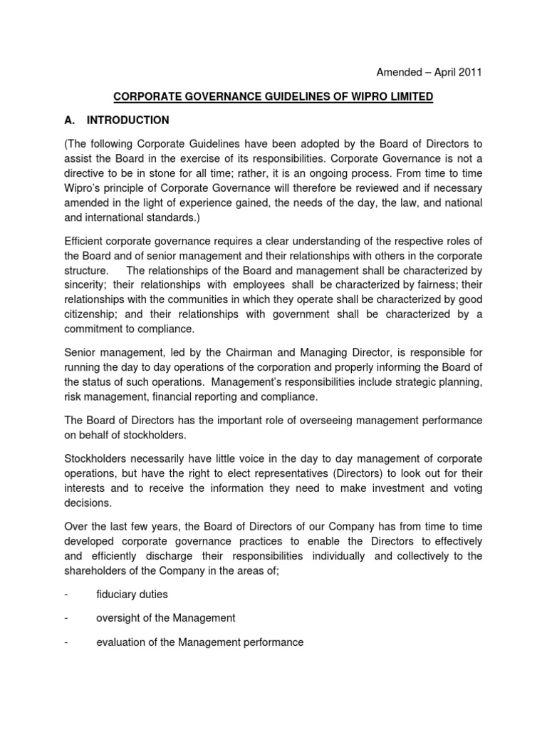 Wipro Corporate Governance Guidelines 2023 | PDF | Board Of Directors ...