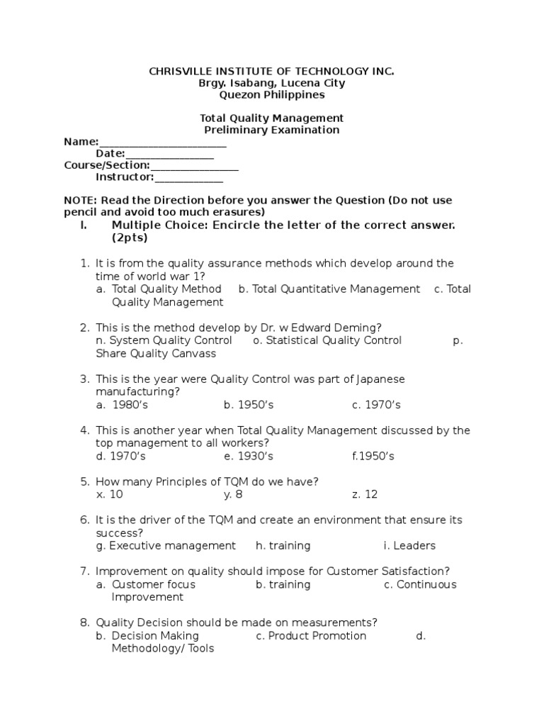 TQM Preliminary Exam Questions | PDF | Quality Management | Quality ...