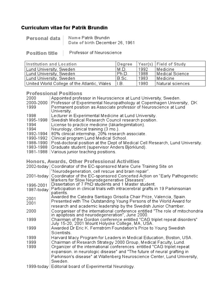 Personal Data Position Title: Curriculum Vitae For Patrik Brundin | PDF | Striatum | Doctor Of ...