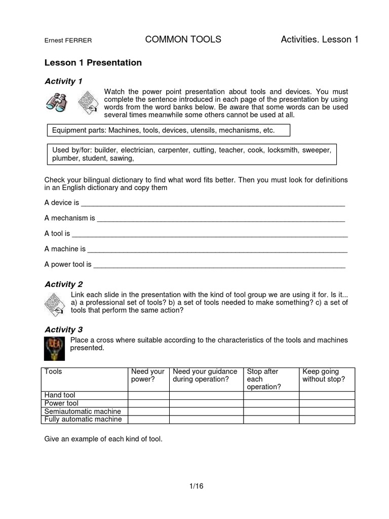 Tools. Student Activities | PDF | Tools | Machines