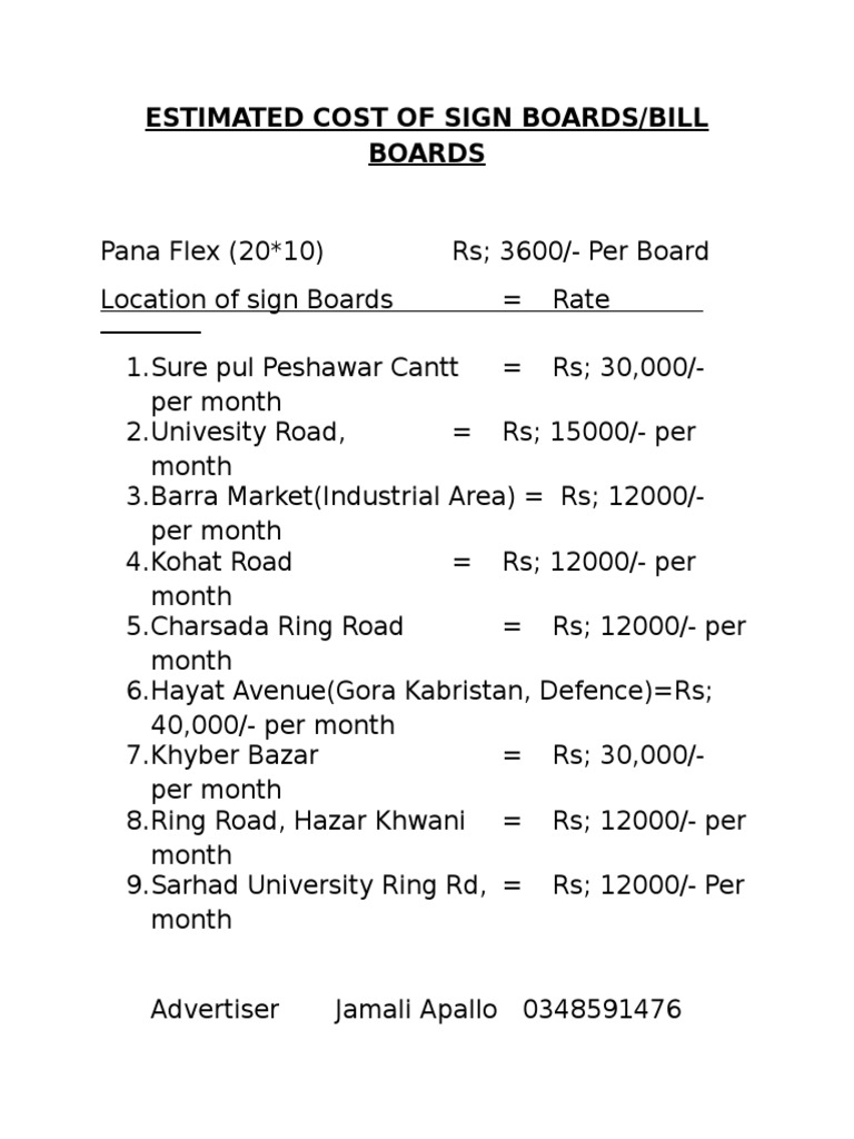 Sign Board Advertising Costs Peshawar | PDF | Business | Technology & Engineering