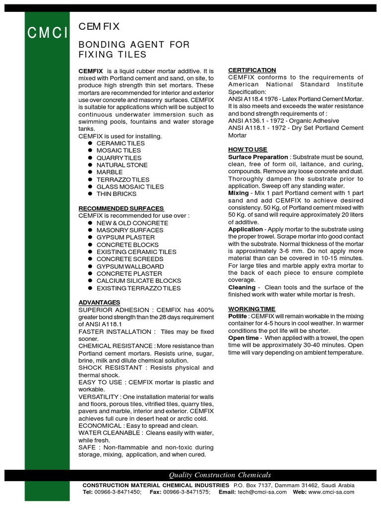 Cemfix | PDF | Mortar (Masonry) | Tile