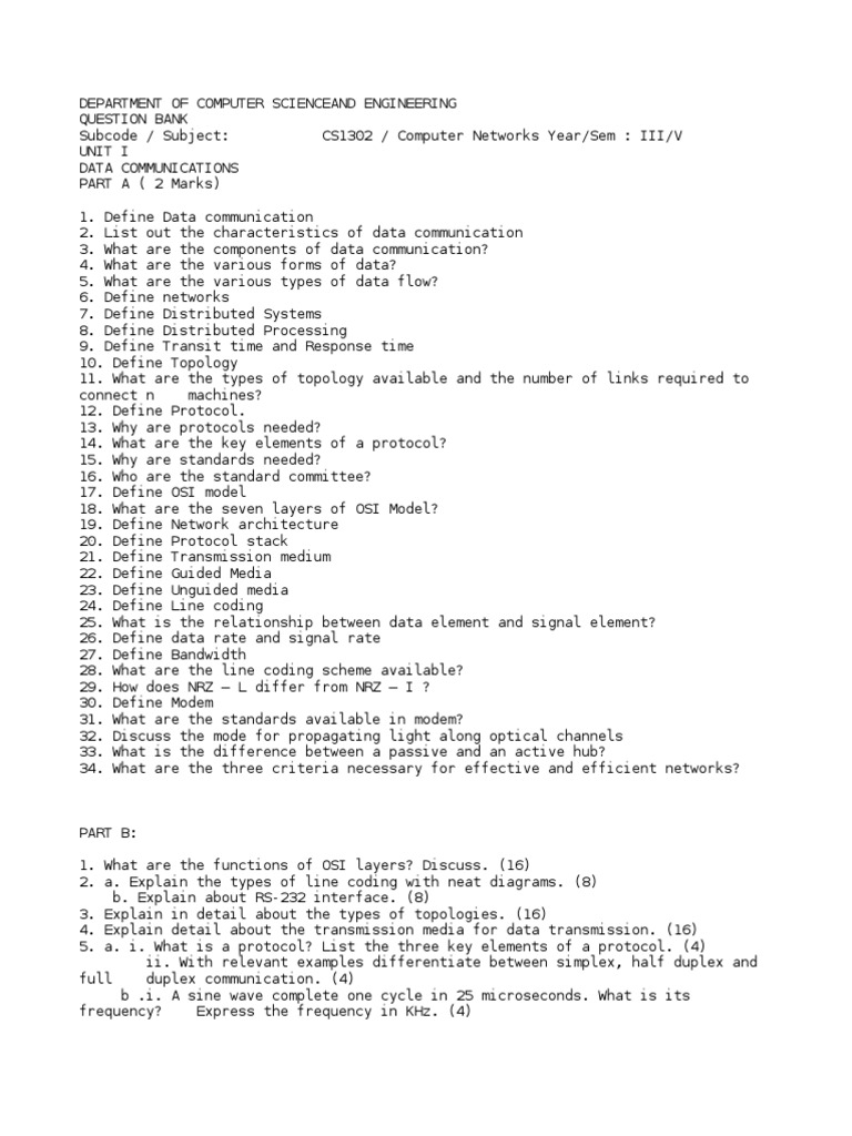 Computer Networks Year Question Bank | PDF | Transmission Control ...