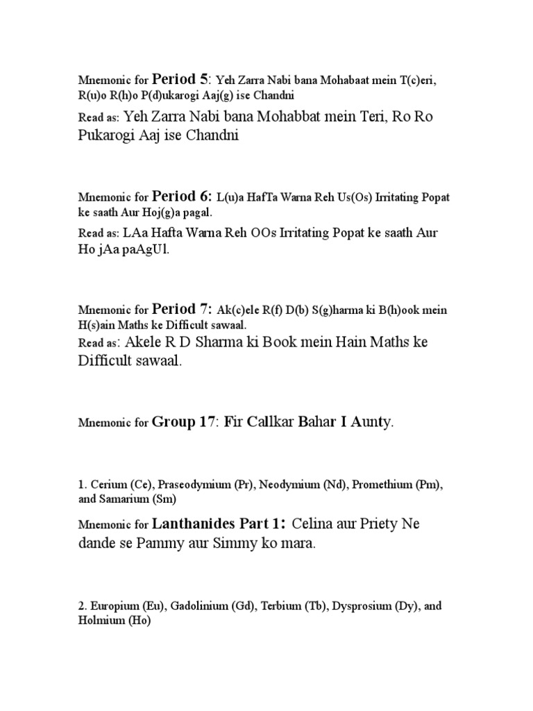 Mnemonics For Learning Periodic Table. | PDF
