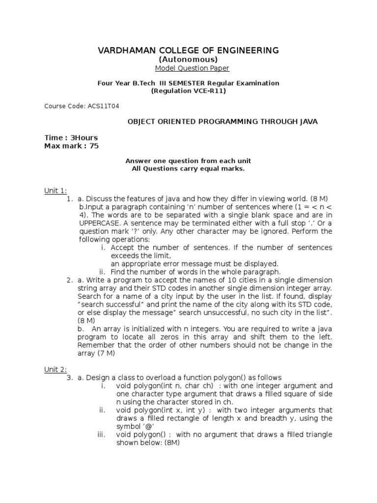 B.tech III Sem OOPS Model Paper | PDF | Method (Computer Programming) | Class (Computer Programming)