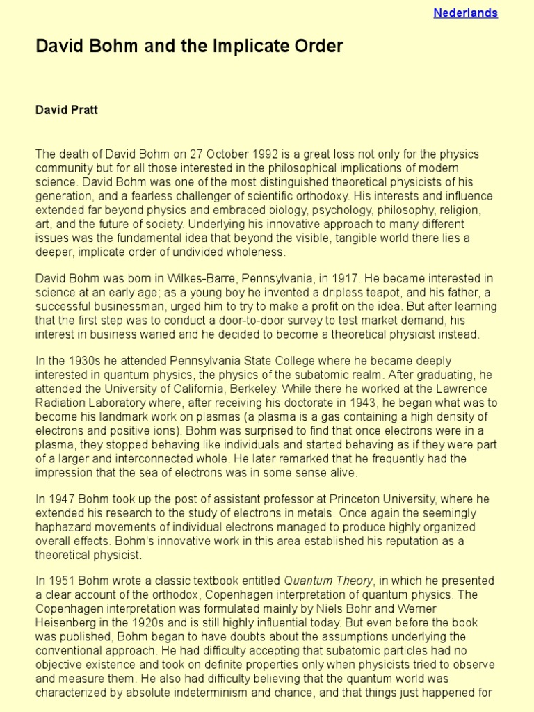 David Bohm's Theory of the Implicate Order | PDF | Holography | Quantum ...