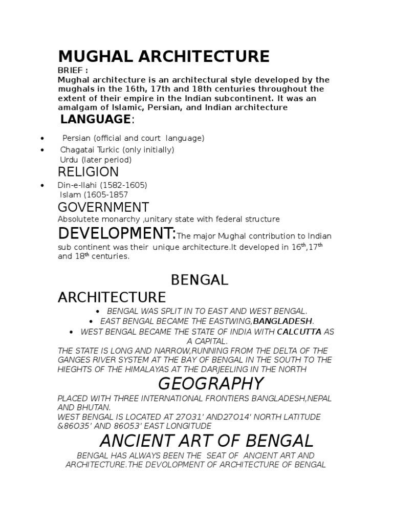 Mughal Architecture: Geography Ancient Art of Bengal | PDF