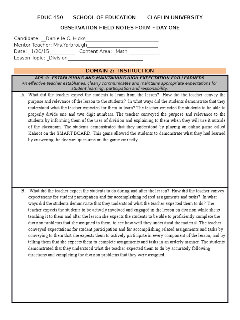 Observation Field Notes Form | PDF | Teachers | Learning