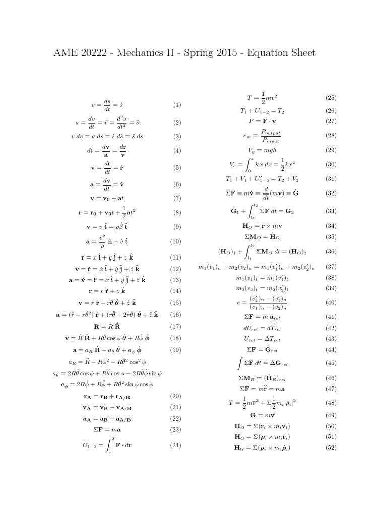 Dynamics Equation Sheet | PDF