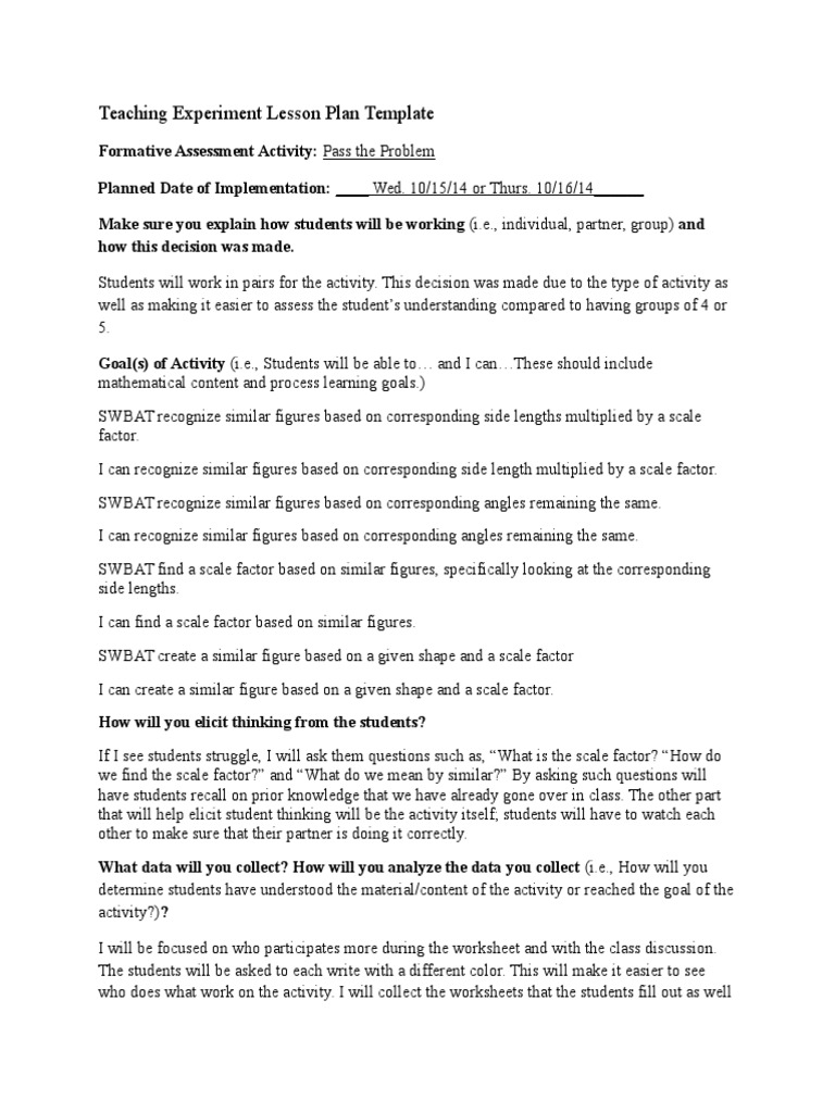 Teaching Experiment Lesson Plan Template | PDF | Pedagogy | Cognitive ...