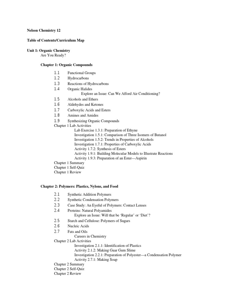 Nelson Chemistry 12 TOC | PDF | Chemical Equilibrium | Chemical Reactions