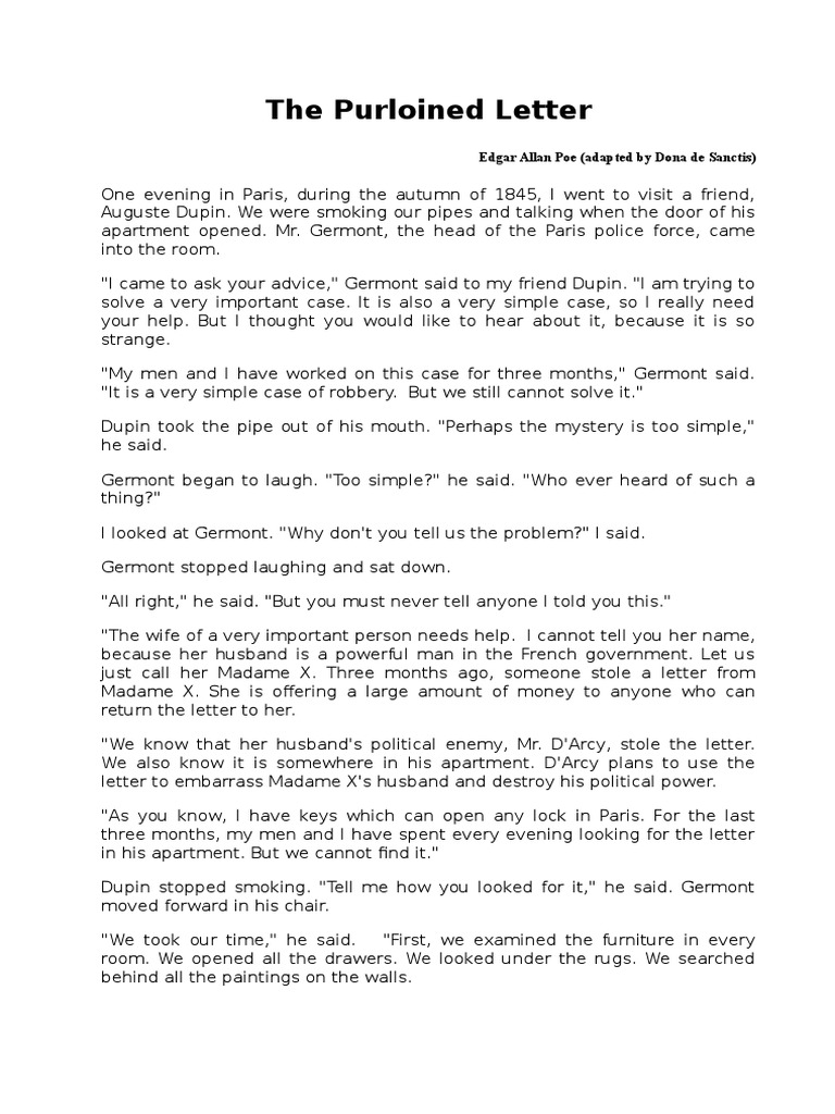 The Purloined Letter: Edgar Allan Poe (Adapted by Dona de Sanctis ...