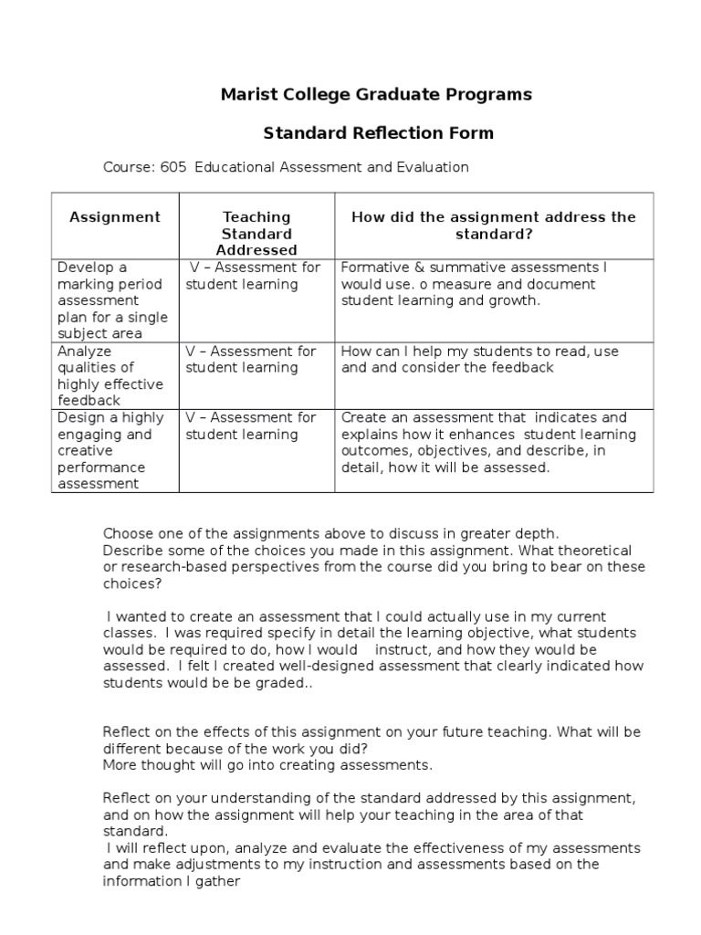 Marist College Assessment Reflection Guide | PDF | Educational ...