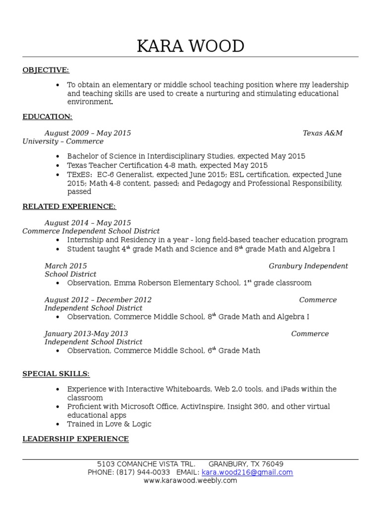 Elementary Teacher Resume - Kara Wood | PDF | Career & Growth