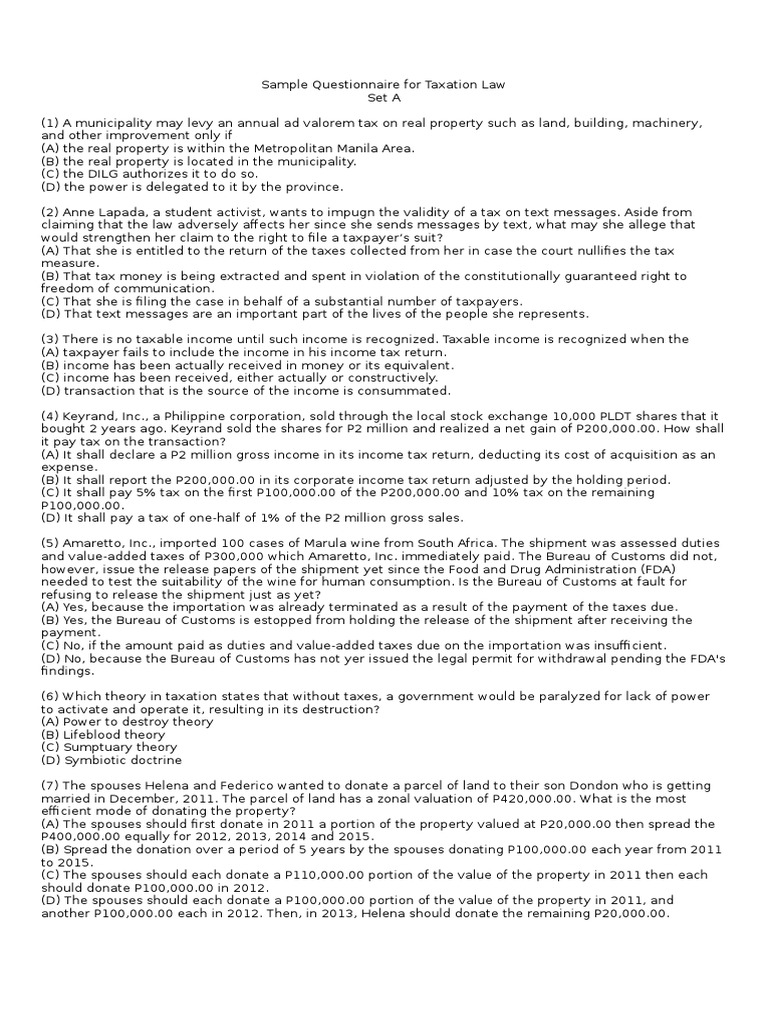 Sample Questionnaire For Taxation Law | Download Free PDF | Taxation In ...