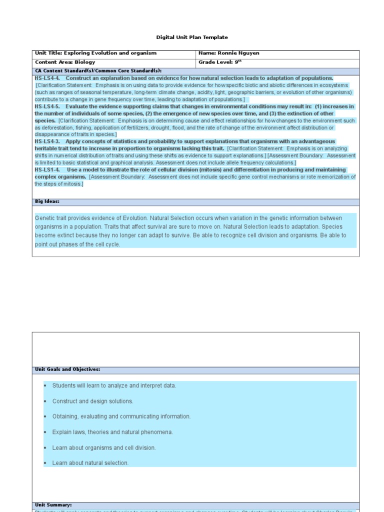Digital Unit Plan Template Unit Title: Exploring Evolution and Organism ...