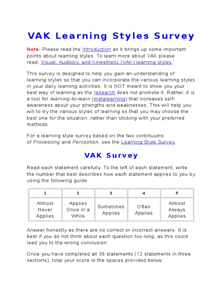 VAK Learning Styles Survey | Learning Styles | Neuropsychological ...