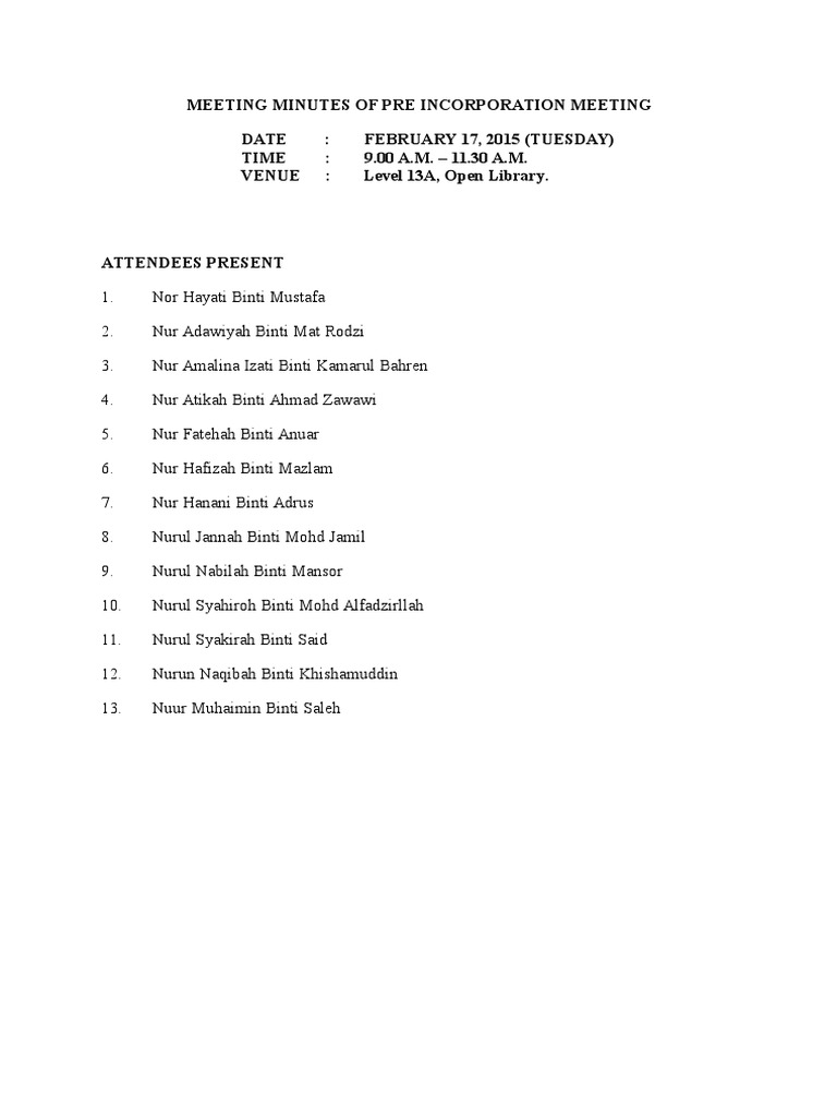 Meeting Minutes of Pre Incorporation Meeting | PDF | Government ...