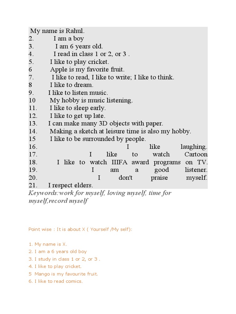 My Self Essay for Class 1 | PDF | Language Arts & Discipline | Home ...