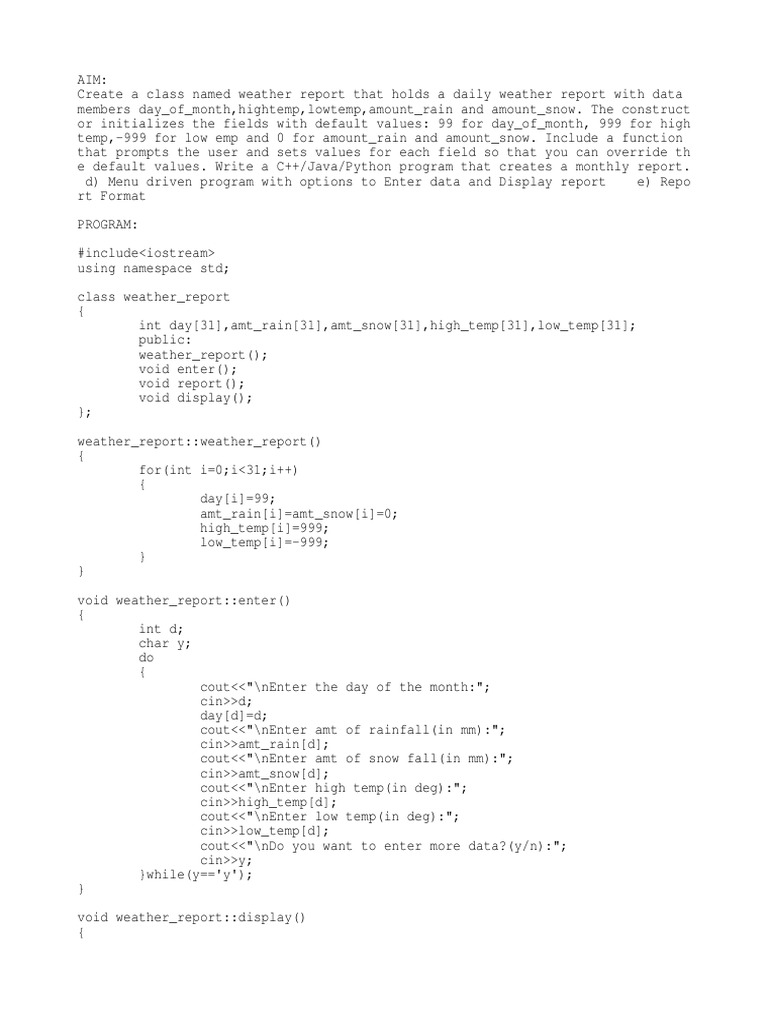OOMP A1 PUNE UNIVERCITY - AIM: Create a class named weather report that ...