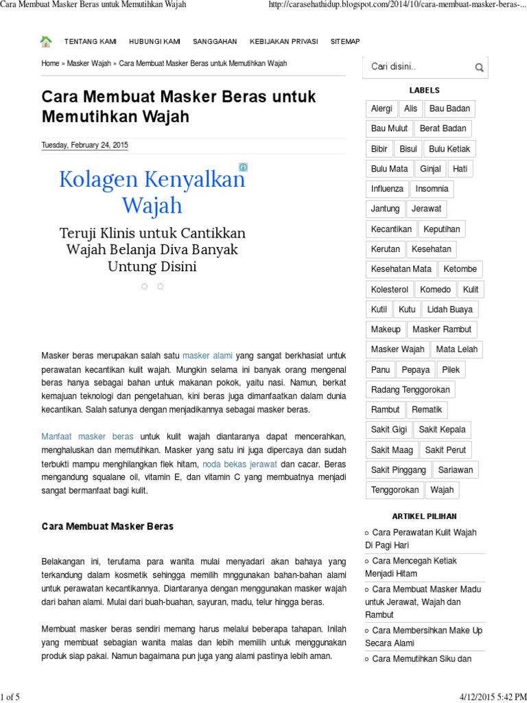 Cara Membuat Masker Beras Untuk Memutihkan Wajah PDF | PDF