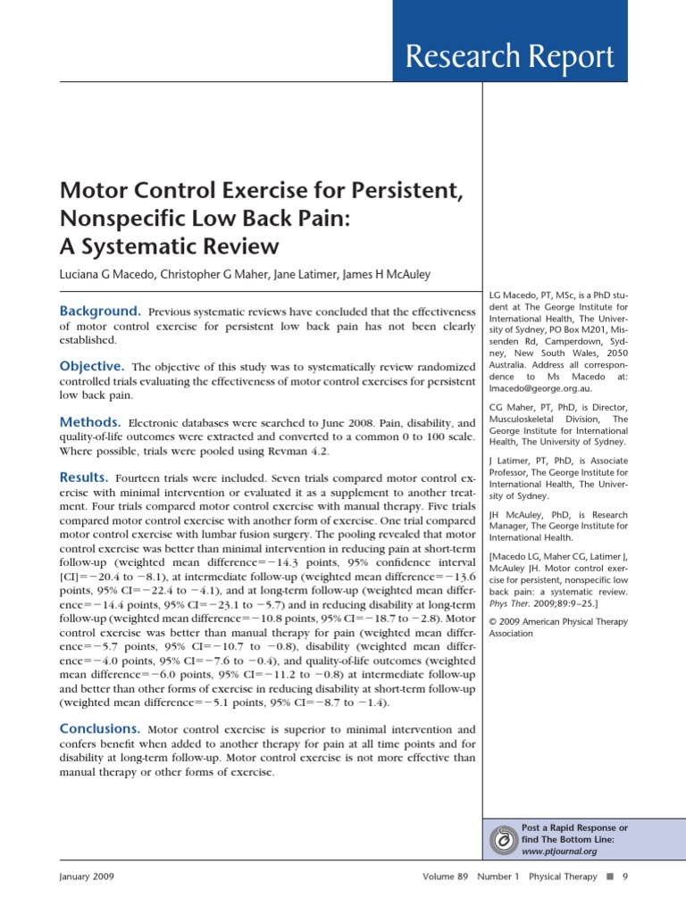 Motor Control Exercise For Persistent, Nonspecific Low Back Pain: A ...