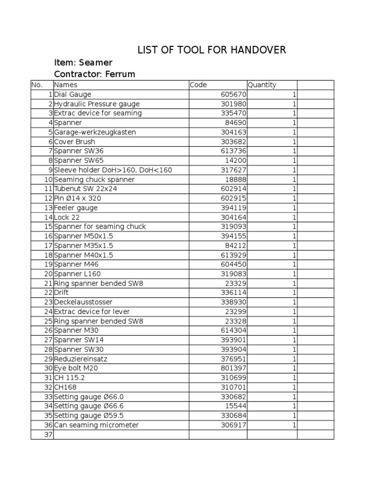 Handover Tool List for Seaming Equipment | PDF | Technology & Engineering