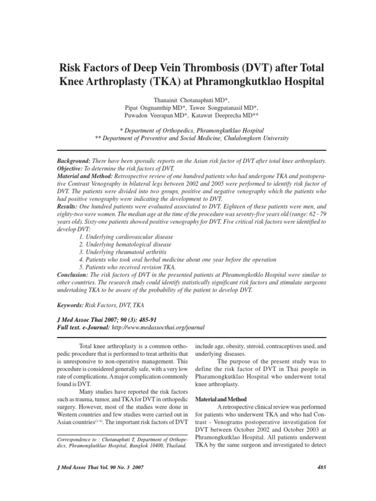 Risk Factors of Deep Vein Thrombosis (DVT) After Total Knee ...