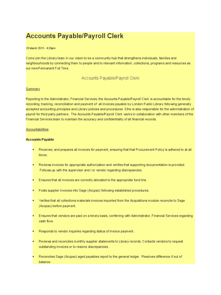 Accounts Payable/Payroll Clerk | PDF | Accounts Payable | Payroll