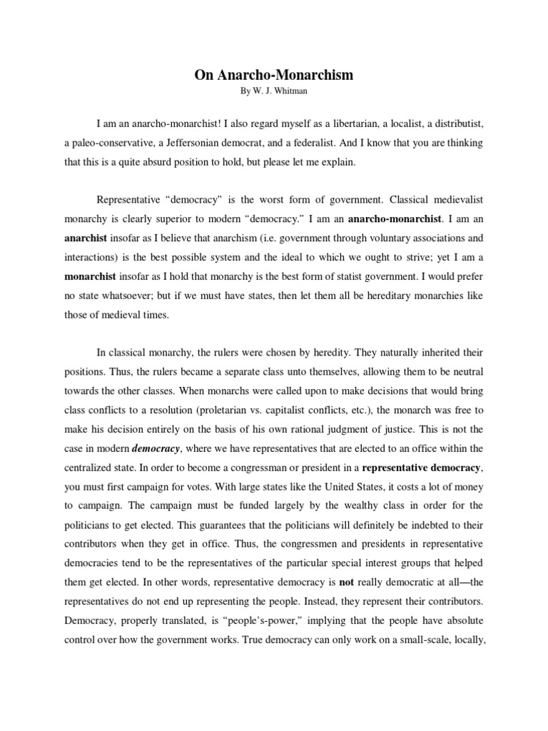 Whitman - 'On Anarcho-Monarchism' | PDF | Monarchy | Democracy